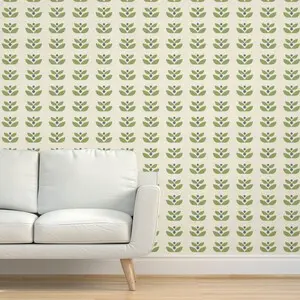 Spoonflower Scandinavian Leaves Mod 100% Natural Sisal Grasscloth Wallcovering - Green