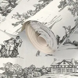 Spoonflower Toile And White 100% Natural Sisal Grasscloth Wallcovering - Black