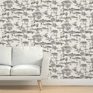 Spoonflower Toile And White 100% Natural Sisal Grasscloth Wallcovering - Black