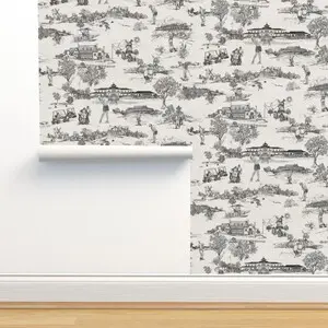 Spoonflower Toile And White 100% Natural Sisal Grasscloth Wallcovering - Black