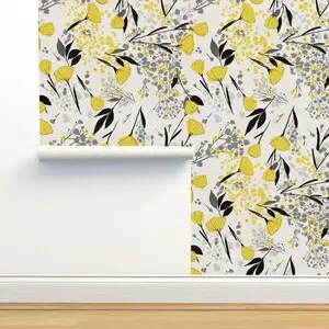 Spoonflower Tossed Yellow Wild Poppies 100% Natural Sisal Grasscloth Wallcovering - White,yellow,gray