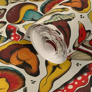 Spoonflower Sexy Mushrooms Wild Arrangement Cream 100% Natural Sisal Grasscloth Wallcovering - White