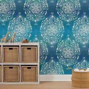 Spoonflower Ocean Blue Doodle Diamonds Art Deco Elegant Custom Pre-pasted Wallpaper