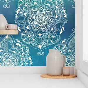 Spoonflower Ocean Blue Doodle Diamonds Art Deco Elegant Custom Pre-pasted Wallpaper