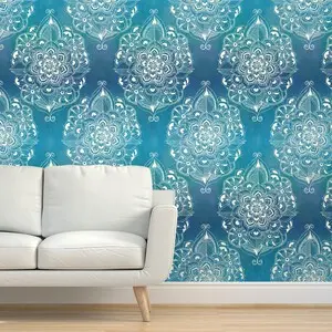 Spoonflower Ocean Blue Doodle Diamonds Art Deco Elegant Custom Pre-pasted Wallpaper