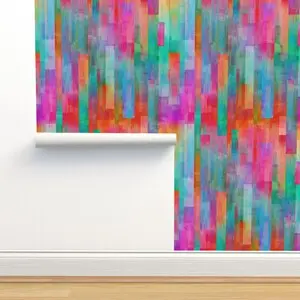 Spoonflower Stripe Painterly Collage Colorful Abstract 100% Natural Sisal Grasscloth Wallcovering - Rainbow