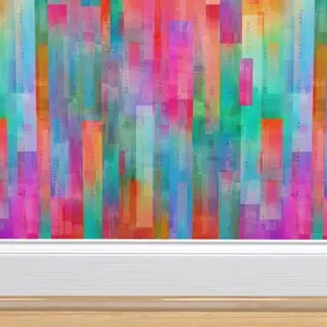 Spoonflower Stripe Painterly Collage Colorful Abstract 100% Natural Sisal Grasscloth Wallcovering - Rainbow