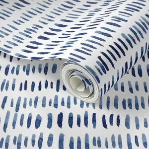 Spoonflower Watercolor Doodle Indigo Blue Lines Custom Pre-pasted Wallpaper - Blue,indigo