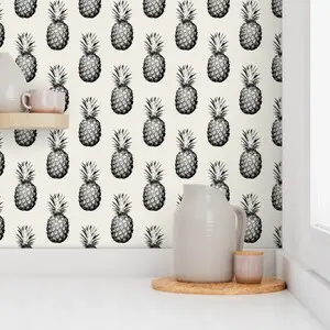 Spoonflower Pineapples Black Cream Large Pineapple Fruit Custom Removable Wallpaper