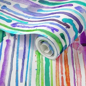 Spoonflower Happy Colorful Watercolor Paint Drips Custom Pre-pasted Wallpaper - Rainbow