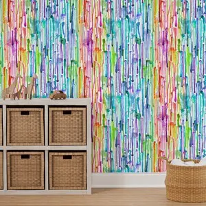 Spoonflower Happy Colorful Watercolor Paint Drips Custom Pre-pasted Wallpaper