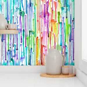 Spoonflower Happy Colorful Watercolor Paint Drips Custom Pre-pasted Wallpaper