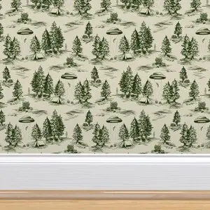 Spoonflower Small Scale Forest & Cream Alien Abduction 100% Natural Sisal Grasscloth Wallcovering