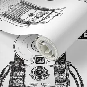 Spoonflower Cameras Vintage Photography Black And White Camera Custom Pre-pasted Wallpaper - Black,white,gray