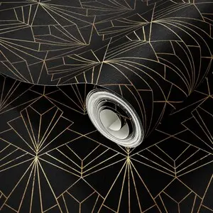 Spoonflower Gold Geometric Pattern Art Deco Black Background Custom Pre-pasted Wallpaper