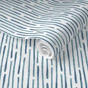 Spoonflower White Stripe Blue Navy Vertical Crayon Trendy1 Custom Pre-pasted Wallpaper - Blue,gray