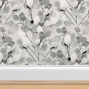 Spoonflower Silver Dollar Eucalyptus Monochrome Black White 100% Natural Sisal Grasscloth Wallcovering
