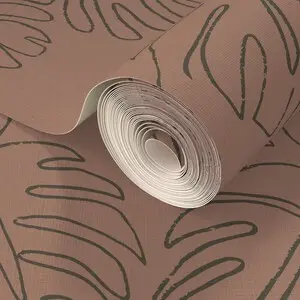 Spoonflower Troppo Monstera Single Line Elle Deep Tan 100% Natural Sisal Grasscloth Wallcovering - Brown,tan