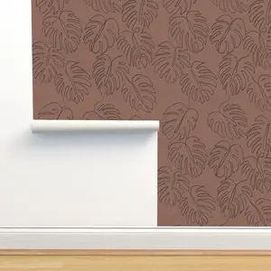 Spoonflower Troppo Monstera Single Line Elle Deep Tan 100% Natural Sisal Grasscloth Wallcovering