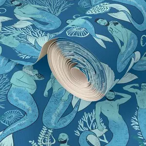 Spoonflower Under The Sea Mid 100% Natural Sisal Grasscloth Wallcovering - Blue