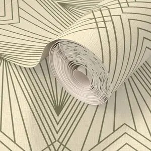 Spoonflower Cream And Olive Art Deco Geometric 100% Natural Sisal Grasscloth Wallcovering - Gold,yellow