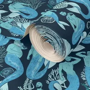 Spoonflower Under The Sea Navy 100% Natural Sisal Grasscloth Wallcovering - Blue,navy