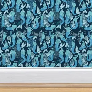 Spoonflower Under The Sea Navy 100% Natural Sisal Grasscloth Wallcovering