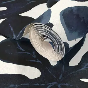 Spoonflower Tropical Leaves Midnight + 100% Natural Sisal Grasscloth Wallcovering - White