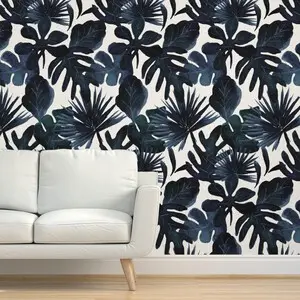 Spoonflower Tropical Leaves Midnight + 100% Natural Sisal Grasscloth Wallcovering