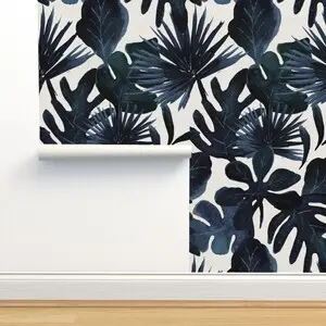 Spoonflower Tropical Leaves Midnight + 100% Natural Sisal Grasscloth Wallcovering