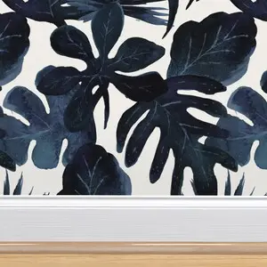 Spoonflower Tropical Leaves Midnight + 100% Natural Sisal Grasscloth Wallcovering