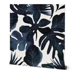 Spoonflower Tropical Leaves Midnight + 100% Natural Sisal Grasscloth Wallcovering