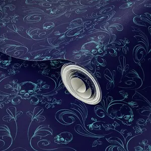 Spoonflower Floral Gothic Skulls Damask Custom Pre-pasted Wallpaper - Blue