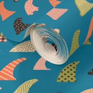 Spoonflower Single Fin In Blue Small 100% Natural Sisal Grasscloth Wallcovering Blue