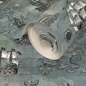 Spoonflower Pirate Ships Map Grey Gray Sea Ocean Nautical 100% Natural Sisal Grasscloth Wallcovering - Gray,grey