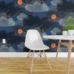 Spoonflower Chinese Dark Blue Clouds Nature Outdoors Foliage Custom Pre-pasted Wallpaper