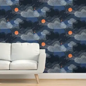 Spoonflower Chinese Dark Blue Clouds Nature Outdoors Foliage Custom Pre-pasted Wallpaper