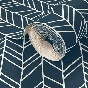 Spoonflower Sailor Blue Chevron Herringbone Geometric Pattern 100% Natural Sisal Grasscloth Wallcovering - Blue,navy