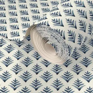 Spoonflower Pinecone Indigo Cream Blue Leaf Navy Palm 100% Natural Sisal Grasscloth Wallcovering - Blue,white,navy