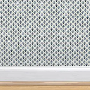 Spoonflower Pinecone Indigo Cream Blue Leaf Navy Palm 100% Natural Sisal Grasscloth Wallcovering - Blue,white,navy
