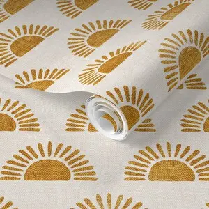 Spoonflower Sunshine Block Print Boho Sun Golden Trendy Custom Pre-pasted Wallpaper - Gold,beige,gray