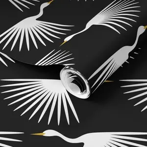 Spoonflower Bird Nature Modern Gold Art Custom Pre-pasted Wallpaper - Black,white,gray