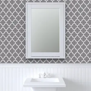 Spoonflower Grey Moroccan Lattice Trellis Quatrefoil Granite Custom Pre-pasted Wallpaper - Gray