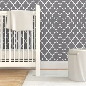 Spoonflower Grey Moroccan Lattice Trellis Quatrefoil Granite Custom Pre-pasted Wallpaper - Gray