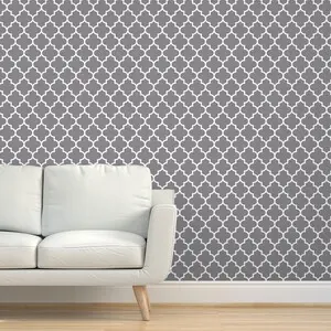 Spoonflower Grey Moroccan Lattice Trellis Quatrefoil Granite Custom Pre-pasted Wallpaper - Gray