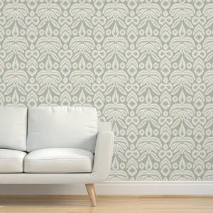 Spoonflower Soft Blue And Tree Green Ikat 100% Natural Sisal Grasscloth Wallcovering - Green,blue