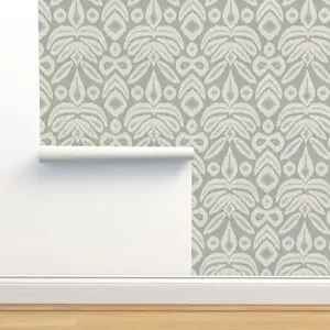 Spoonflower Soft Blue And Tree Green Ikat 100% Natural Sisal Grasscloth Wallcovering - Green,blue