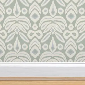 Spoonflower Soft Blue And Tree Green Ikat 100% Natural Sisal Grasscloth Wallcovering - Green,blue