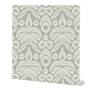 Spoonflower Soft Blue And Tree Green Ikat 100% Natural Sisal Grasscloth Wallcovering - Green,blue