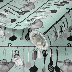 Spoonflower Kitchen Tiles Scissors Sieve Hooks Utensil Fork Custom Removable Wallpaper - Teal,gray,blue